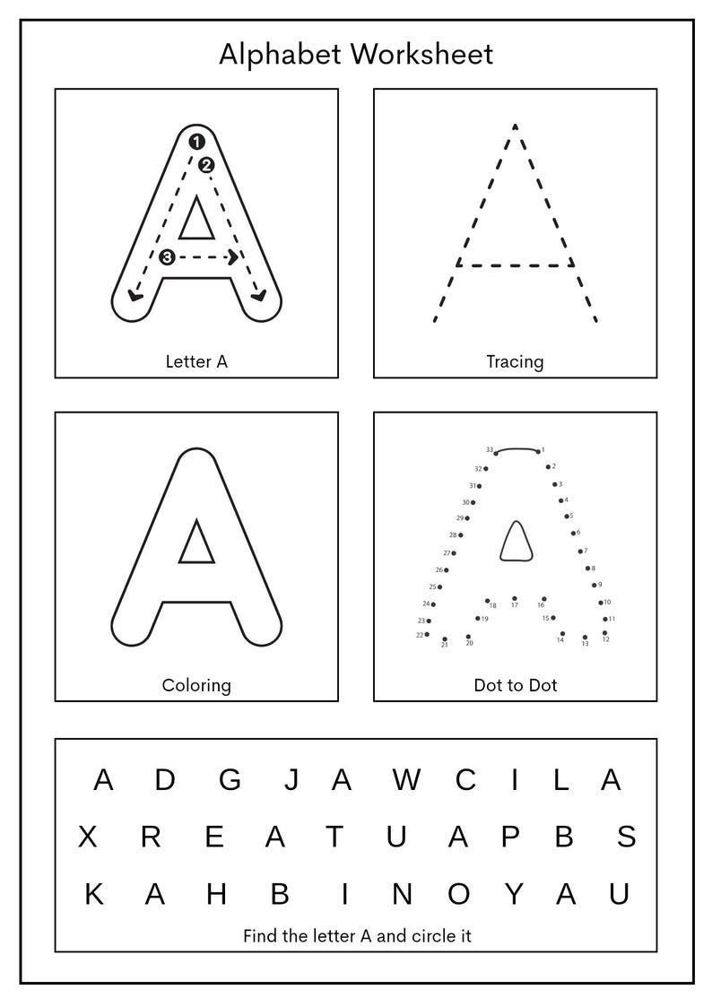 Alphabet Worksheet. Tracing, Coloring, Dot to Dot, Find the Alphabet ...