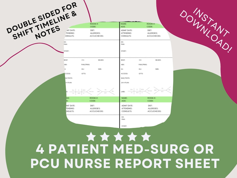 4 Patient Nursing Report Sheet, Med-surg Report Sheet, PCU Nurse, Nurse ...