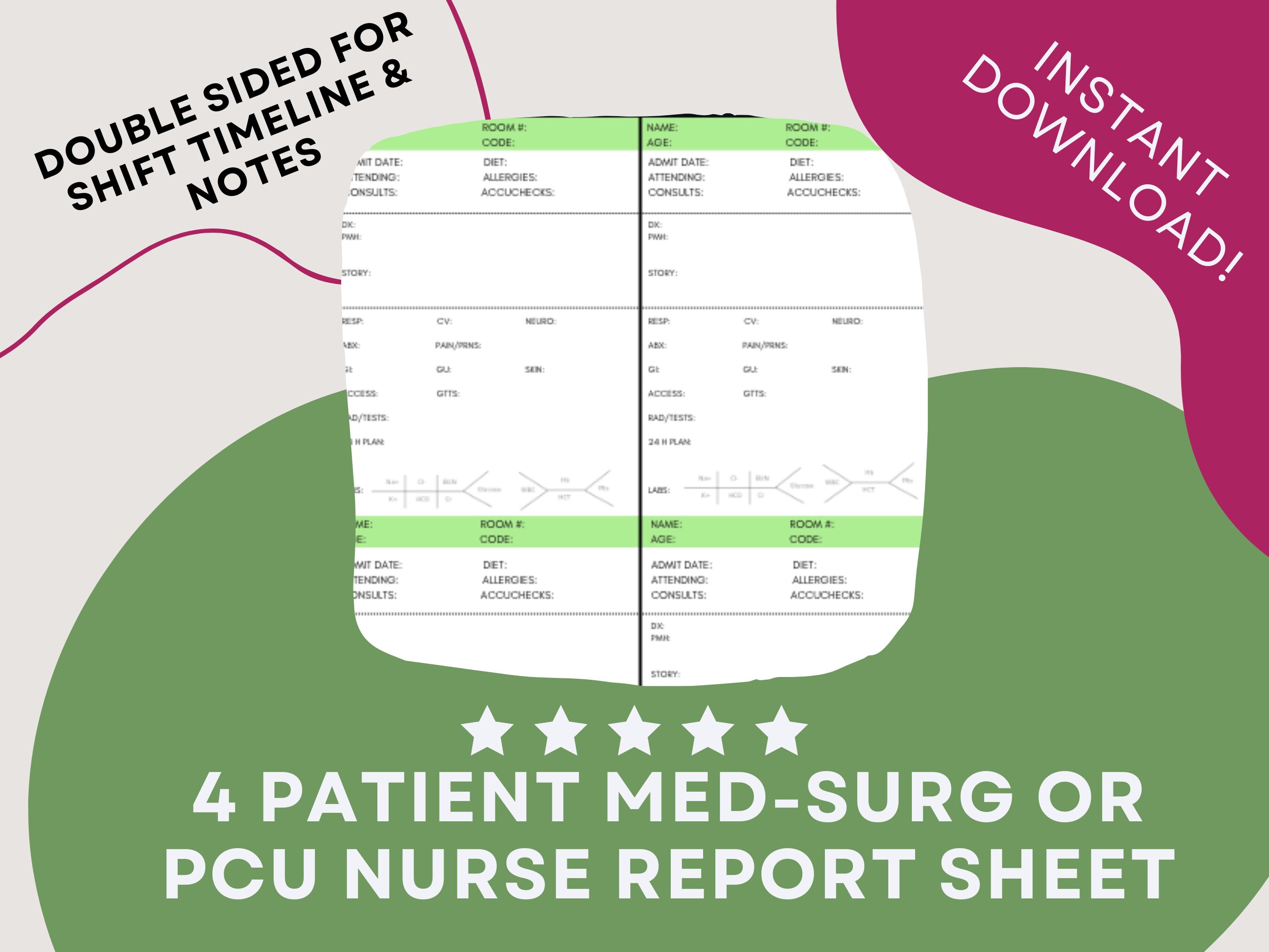 4 Patient Nursing Report Sheet, Med-surg Report Sheet, PCU Nurse, Nurse ...
