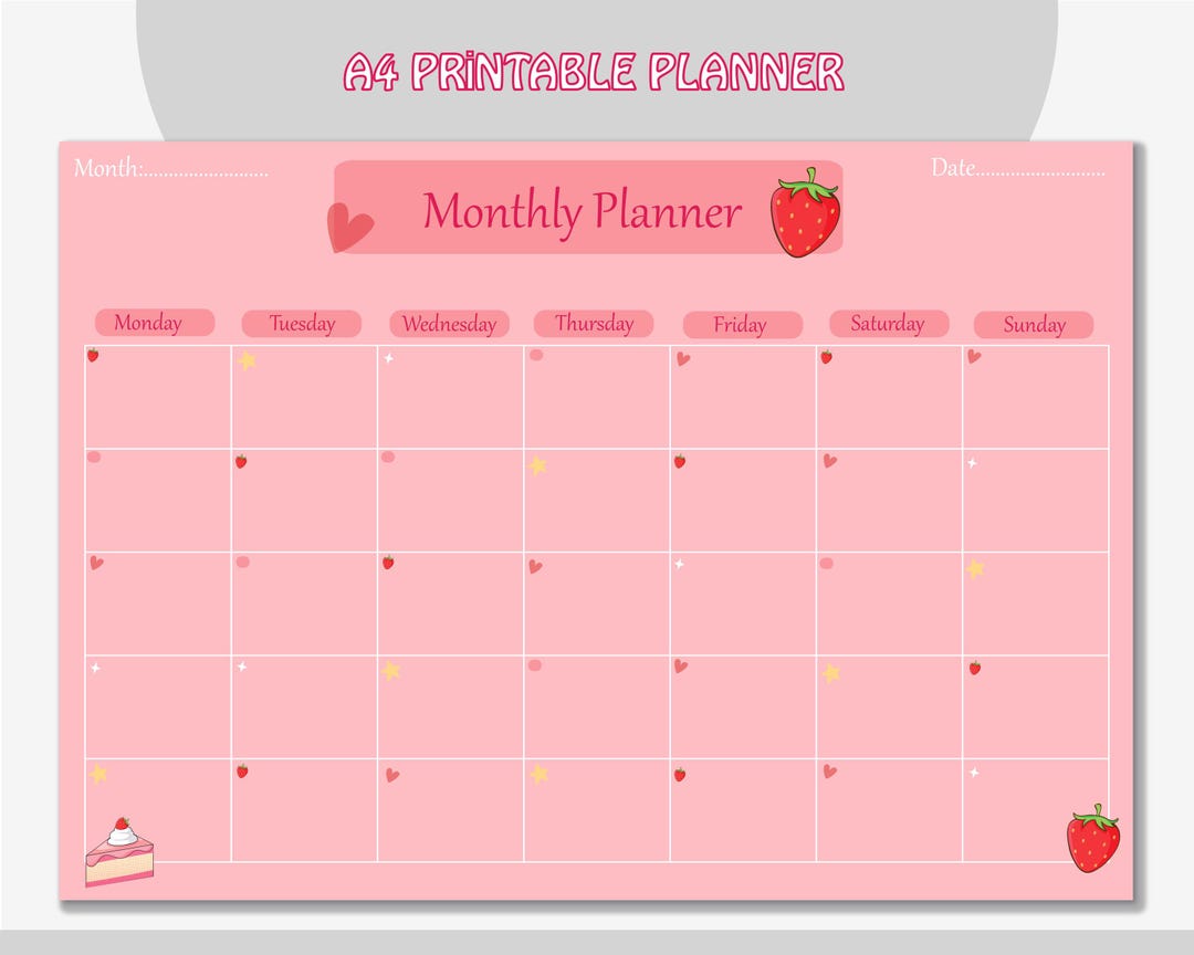 Strawberry Monthly Calendar, Printable Student Planner, Instant ...