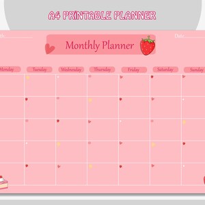 Strawberry Monthly Calendar, Printable Student Planner, Instant ...