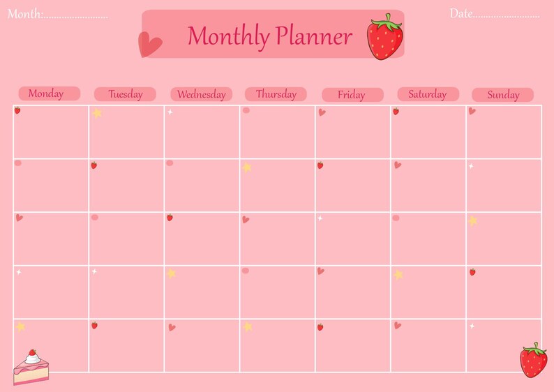 Strawberry Monthly Calendar, Printable Student Planner, Instant ...
