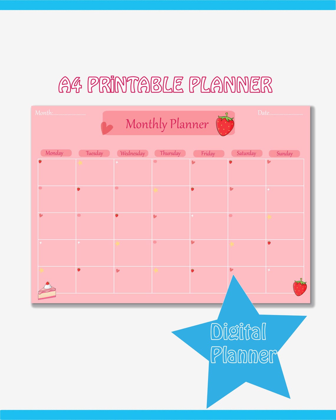Strawberry Monthly Calendar, Printable Student Planner, Instant ...