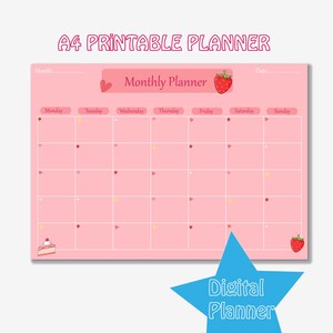 Strawberry Monthly Calendar, Printable Student Planner, Instant ...