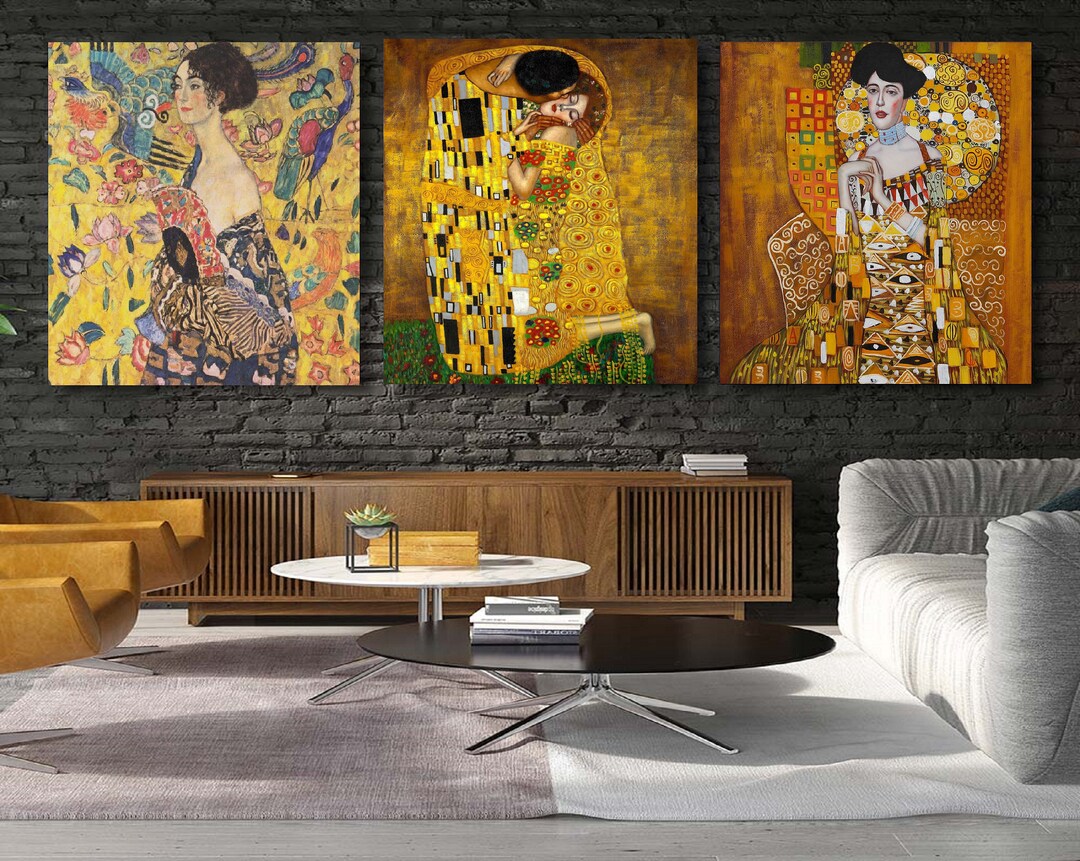 Set of 3 Gustav Klimt Lady With Fan Canvas Wall Art Gustav Klim Poster ...