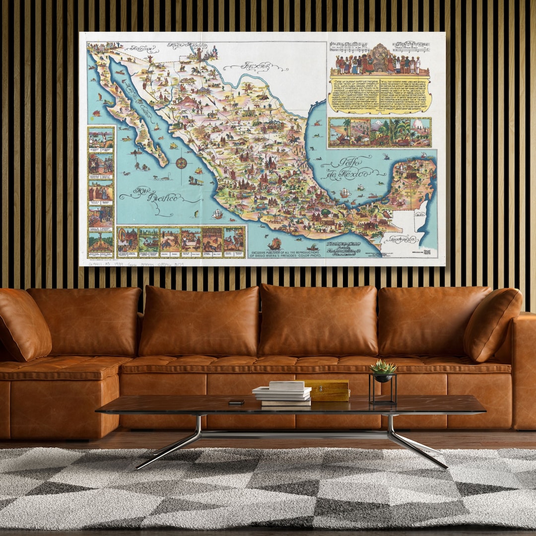 Pictorial Map of Mexico Canvas Wall Art Mexico Map Pictorial Map of ...
