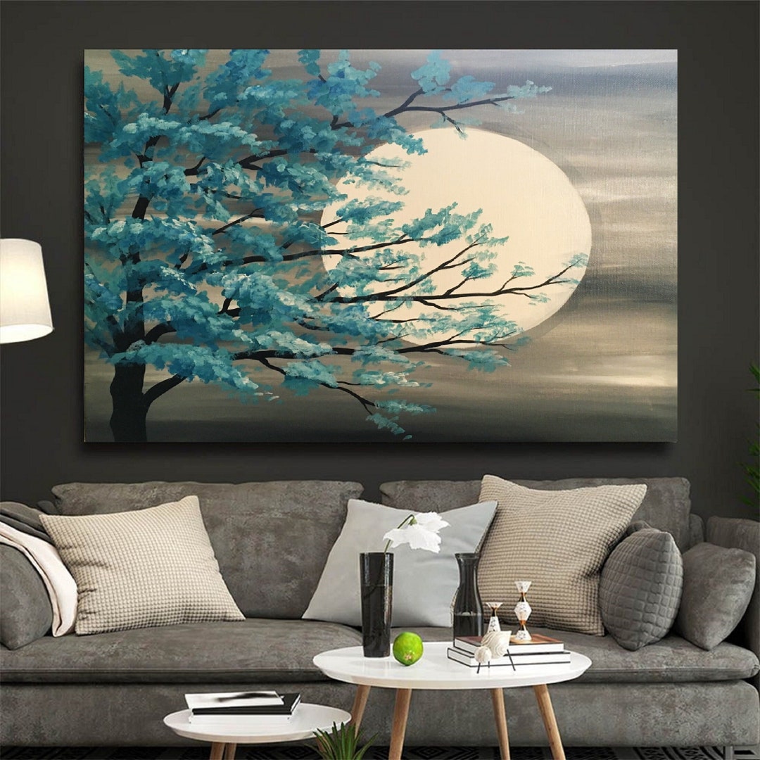 Tree and Moon Wall Art Moon Poster Canvas Green Tree Landscape Art Blue ...