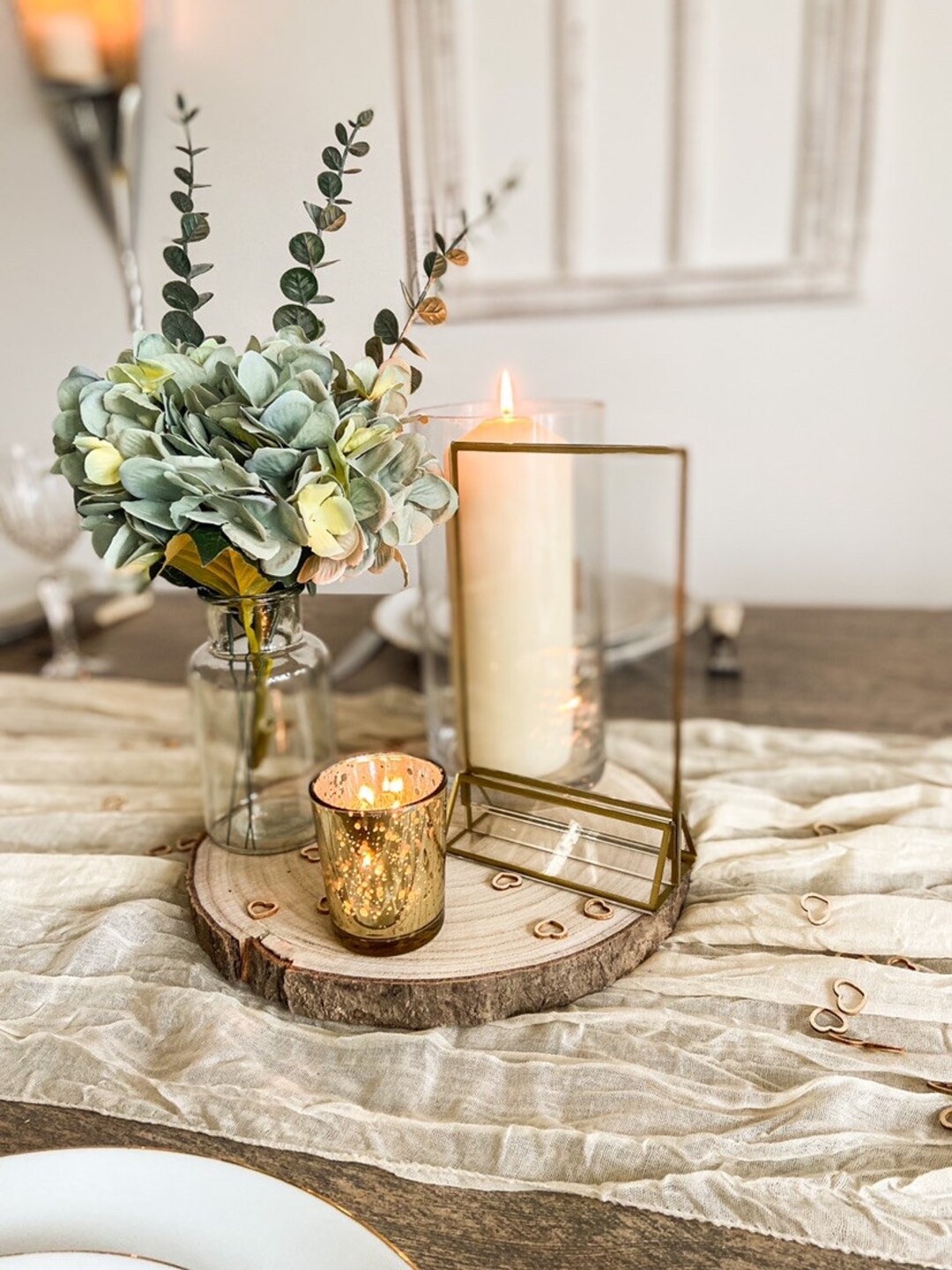 Complete Rustic Table Centrepiece Set - Wood Log Slice, Apothecary Vase ...