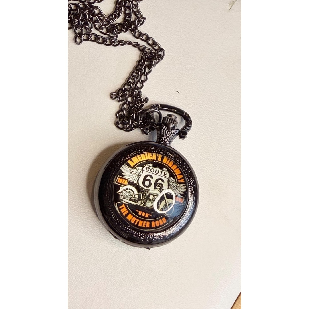 Route 66 Pocket Watch Quartz Movement With Chain Necklace Black Vintage ...