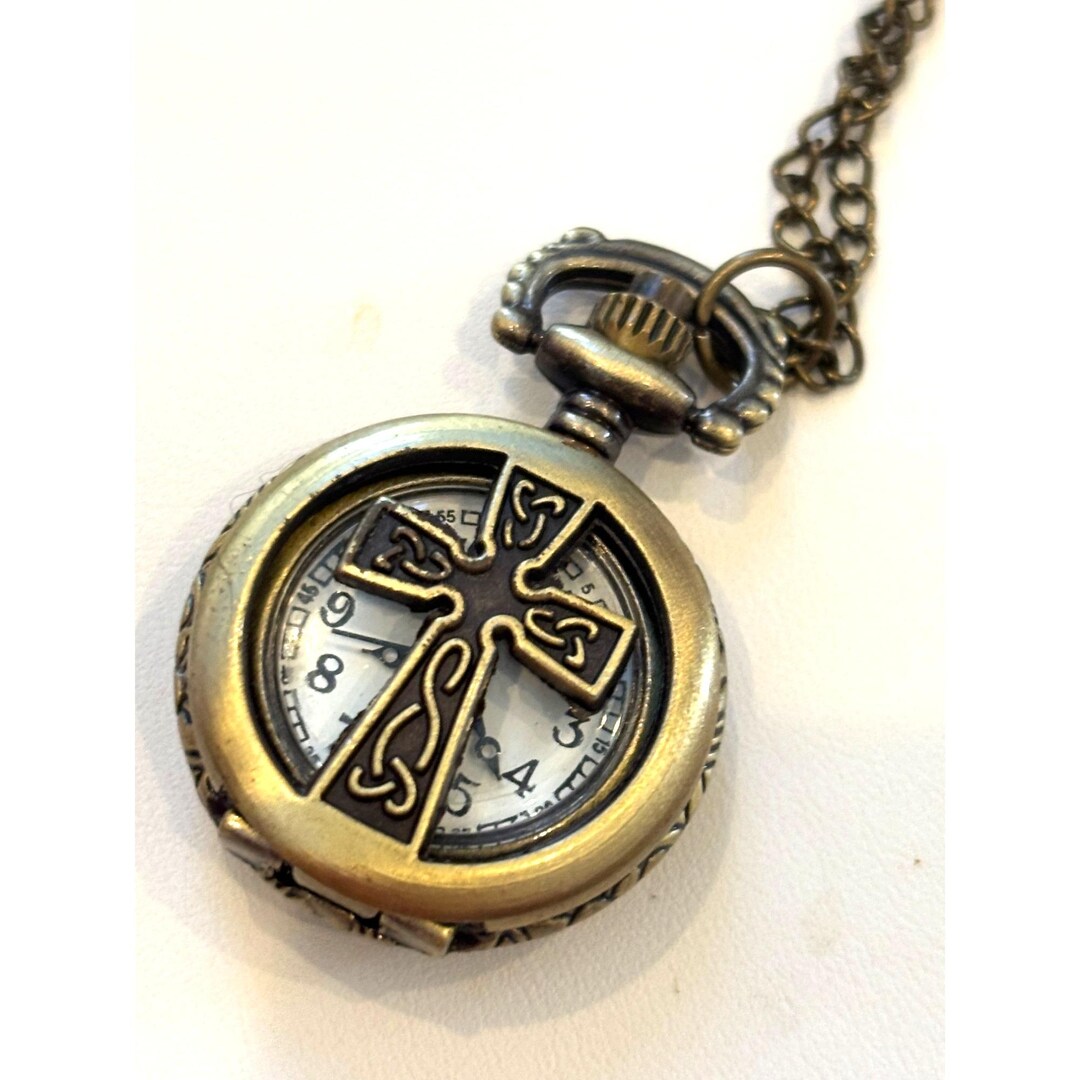 Antique Brass Pocket Watch Necklace With Celtic Cross Design & Chain - Etsy