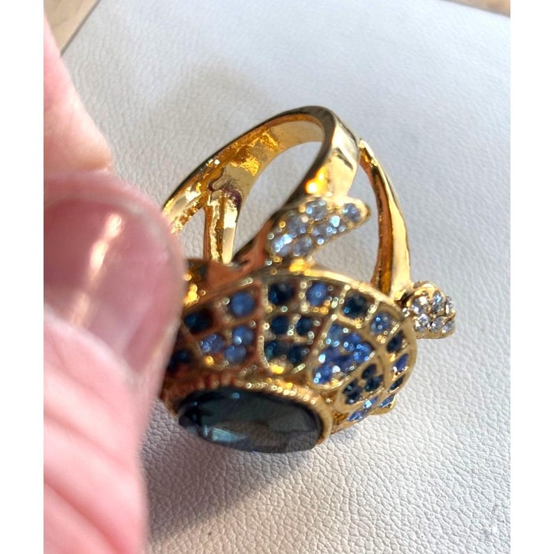 Gold Turtle Ring With Blue & Clear Crystals Adjustable Size 7 Fashion ...