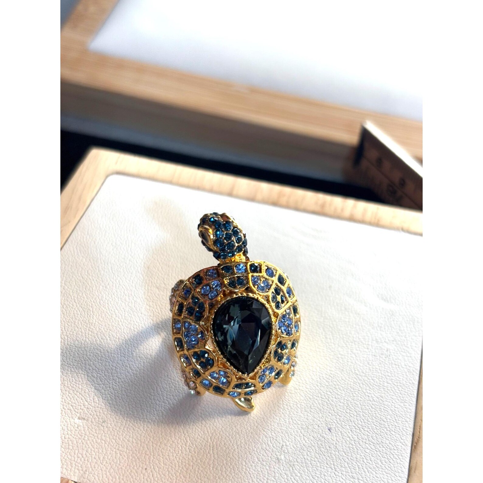 Gold Turtle Ring With Blue & Clear Crystals Adjustable Size 7 Fashion ...