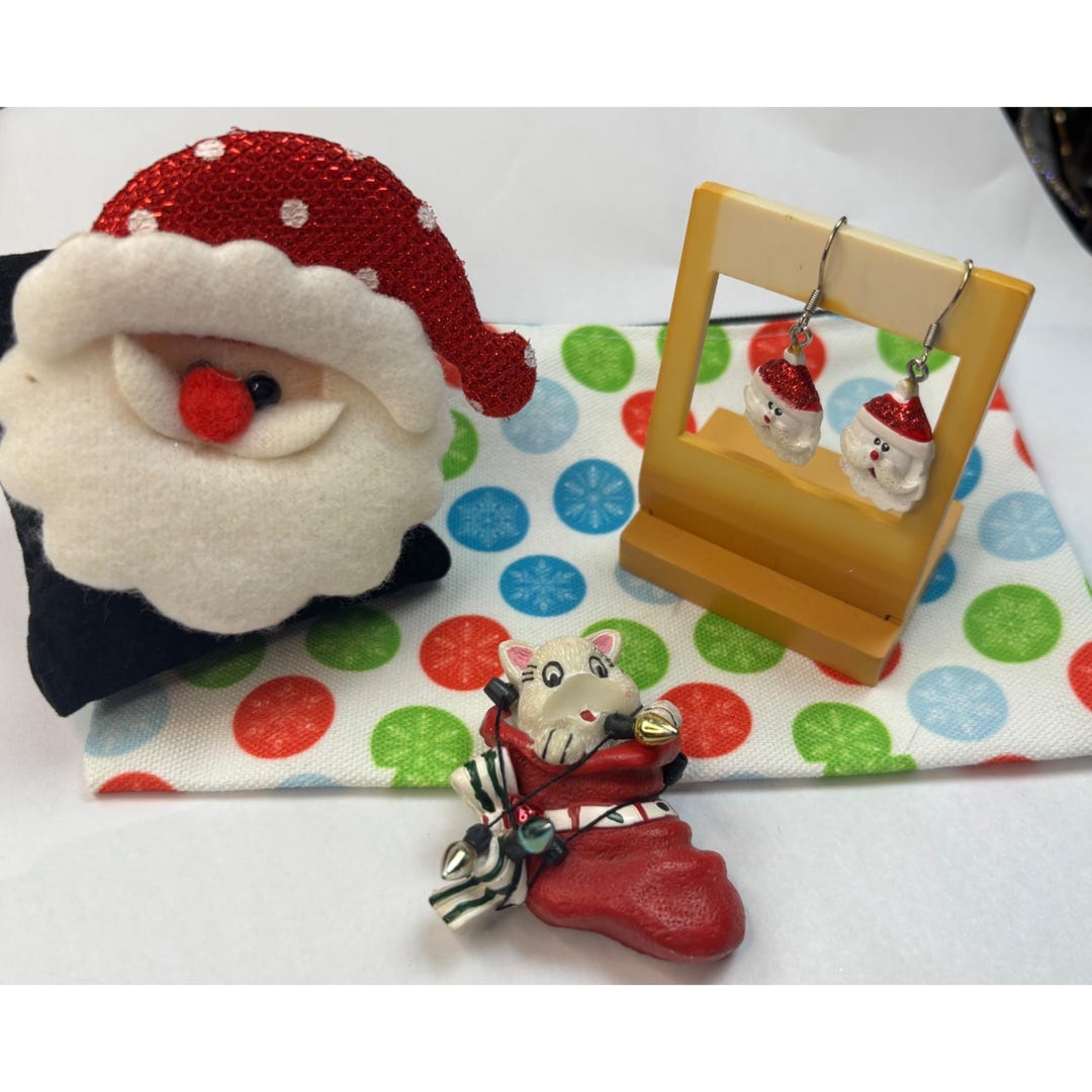 Santa-themed Holiday Accessories Set Includes Santa Earrings Brooch ...