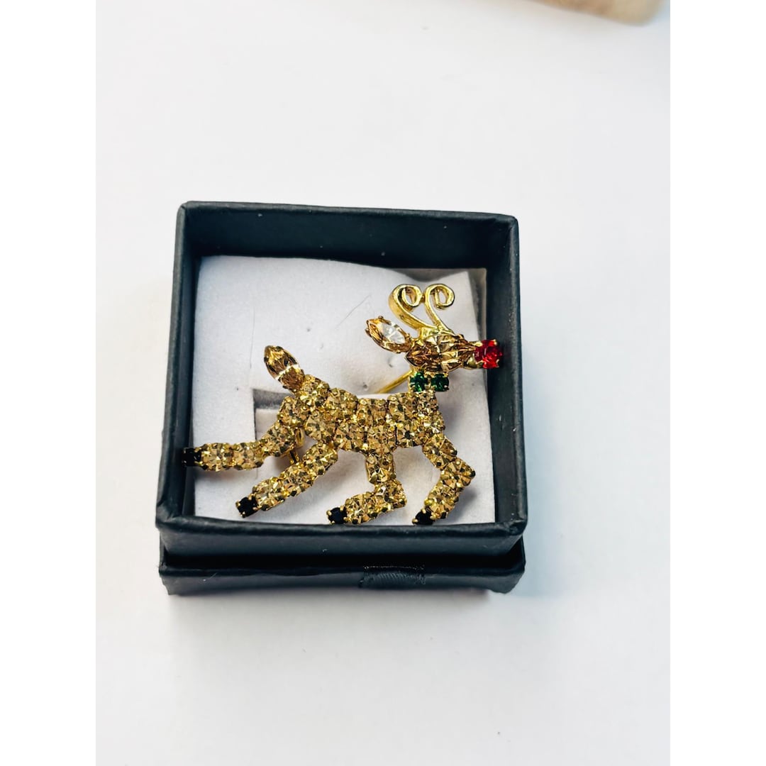 Gold-tone Crystal Rhinestone Reindeer Brooch Pin With Red Nose - Etsy