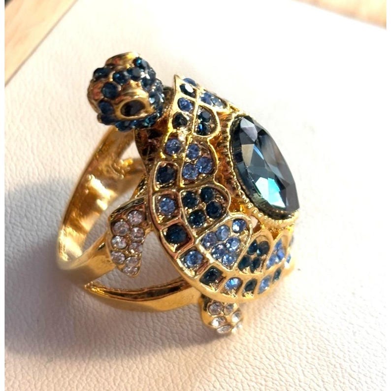 Gold Turtle Ring With Blue & Clear Crystals Adjustable Size 7 Fashion ...