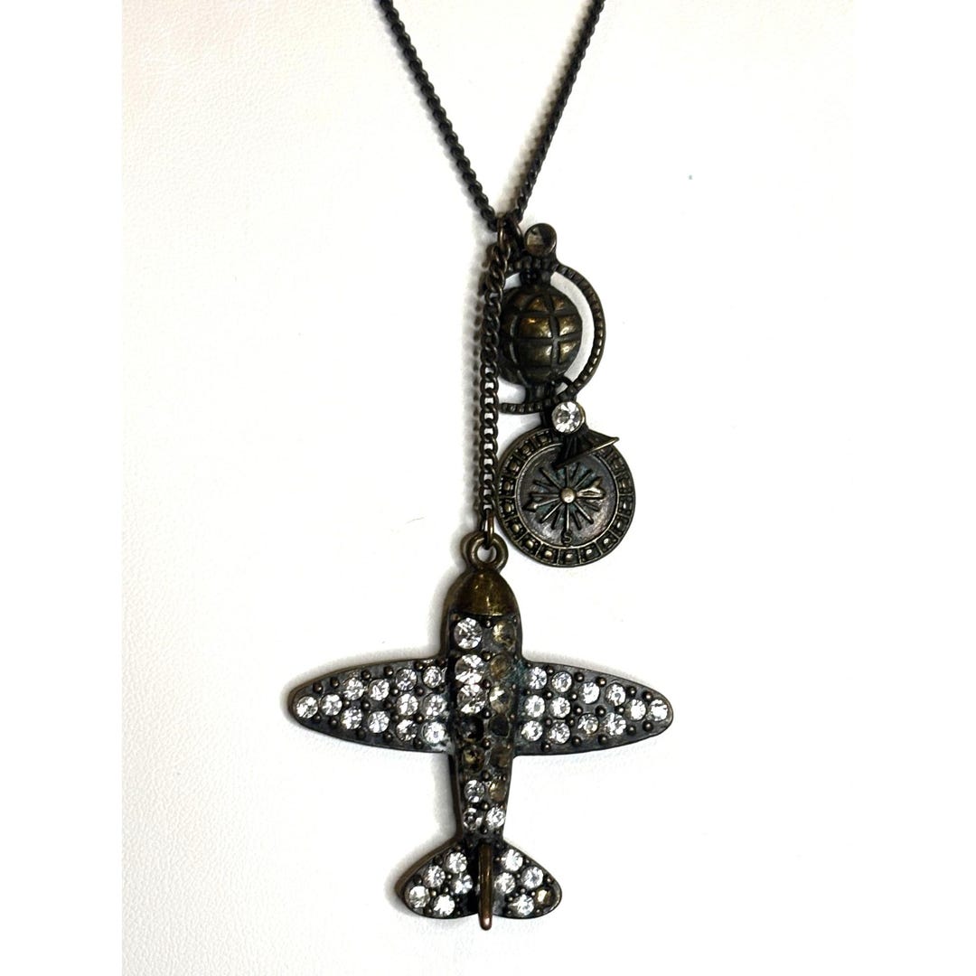 Antique Bronze Airplane Pendant Necklace, Rhinestone, Globe & Compass ...