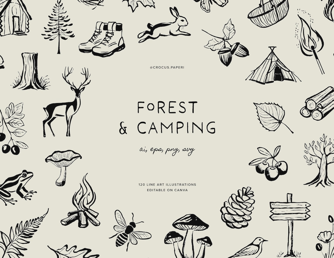 Forest & Camping Line Art Illustrations: Wildlife, Trees, Hiking (PNG ...