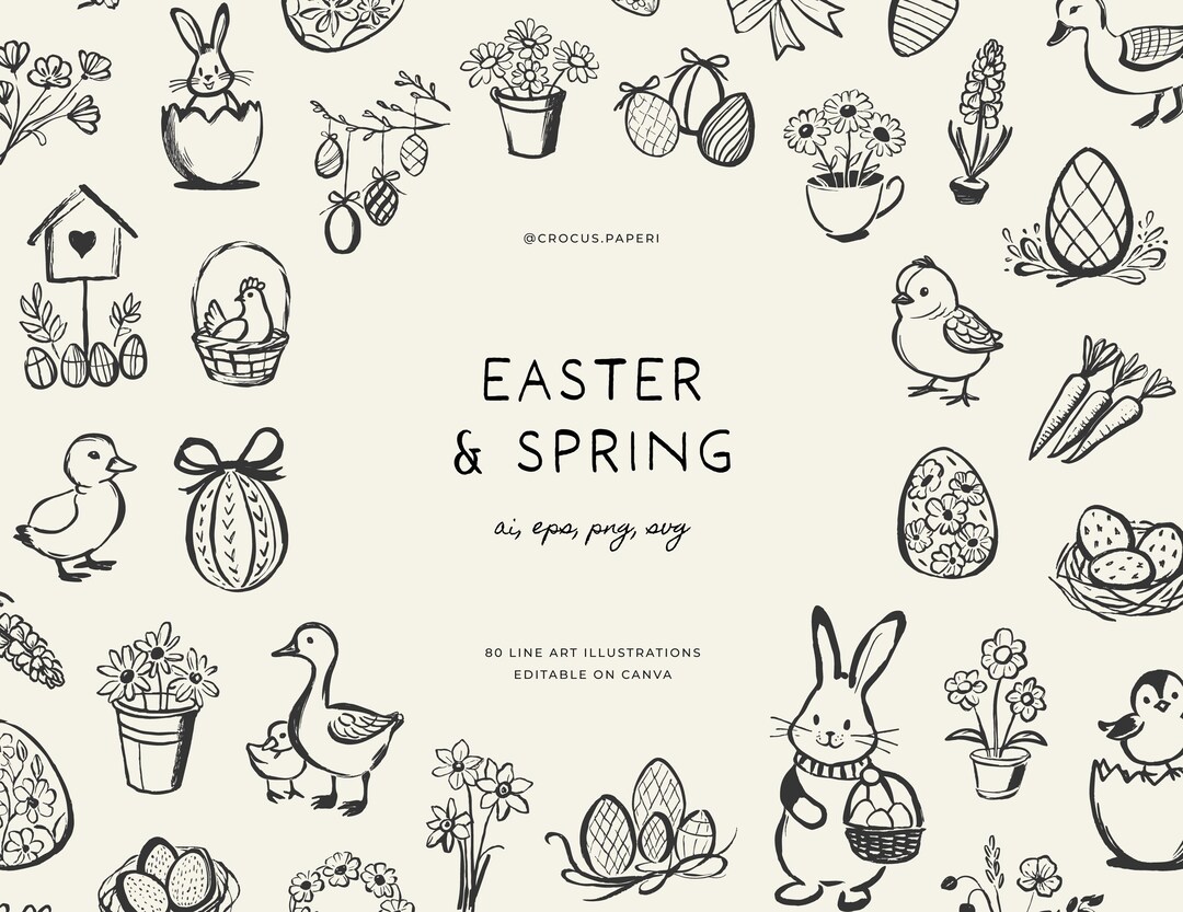 Easter Line Art Illustrations: Spring Doodles Clipart (PNG, SVG) - Etsy