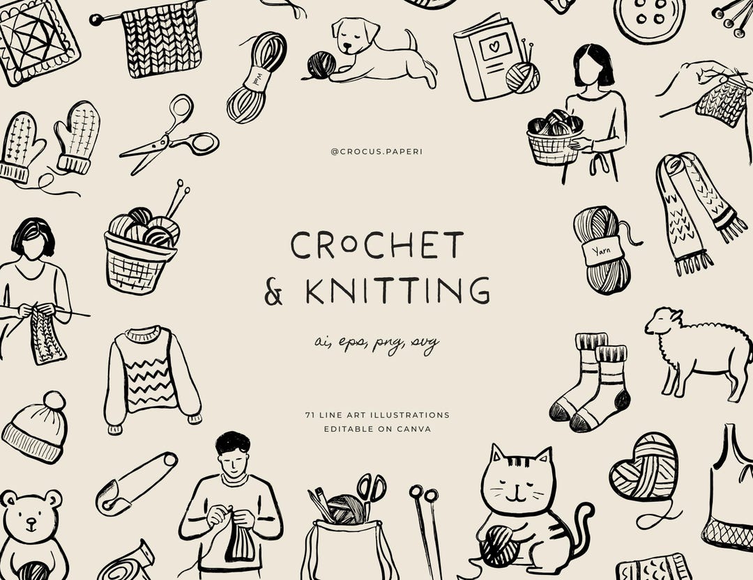 Crochet & Knitting Line Art Illustrations: Yarn, Wool (PNG, SVG) - Etsy