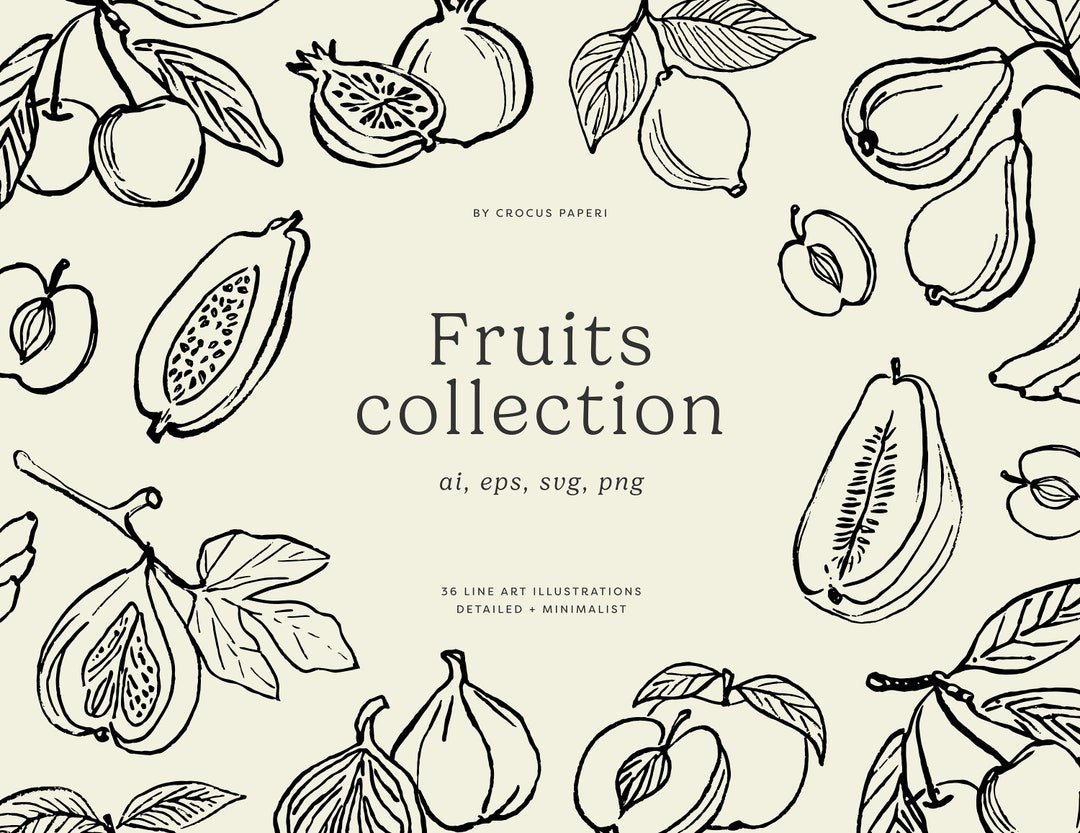 Hand-drawn Fruits Line Art Illustrations: Png, Svg, Vector Clipart - Etsy