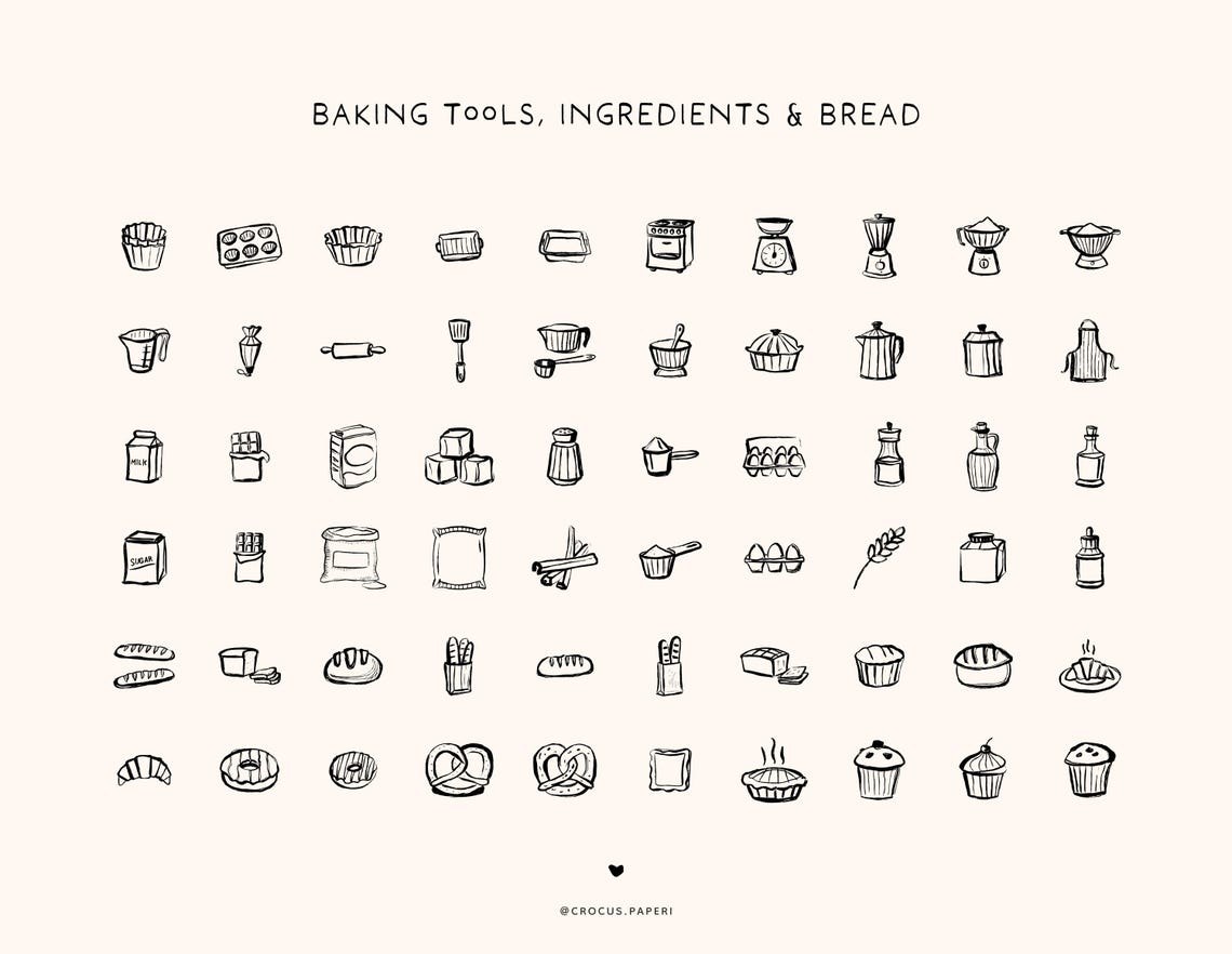 BAKERY Hand-drawn Line Art Baking Illustrations, Cakes, Pastry, Bread ...