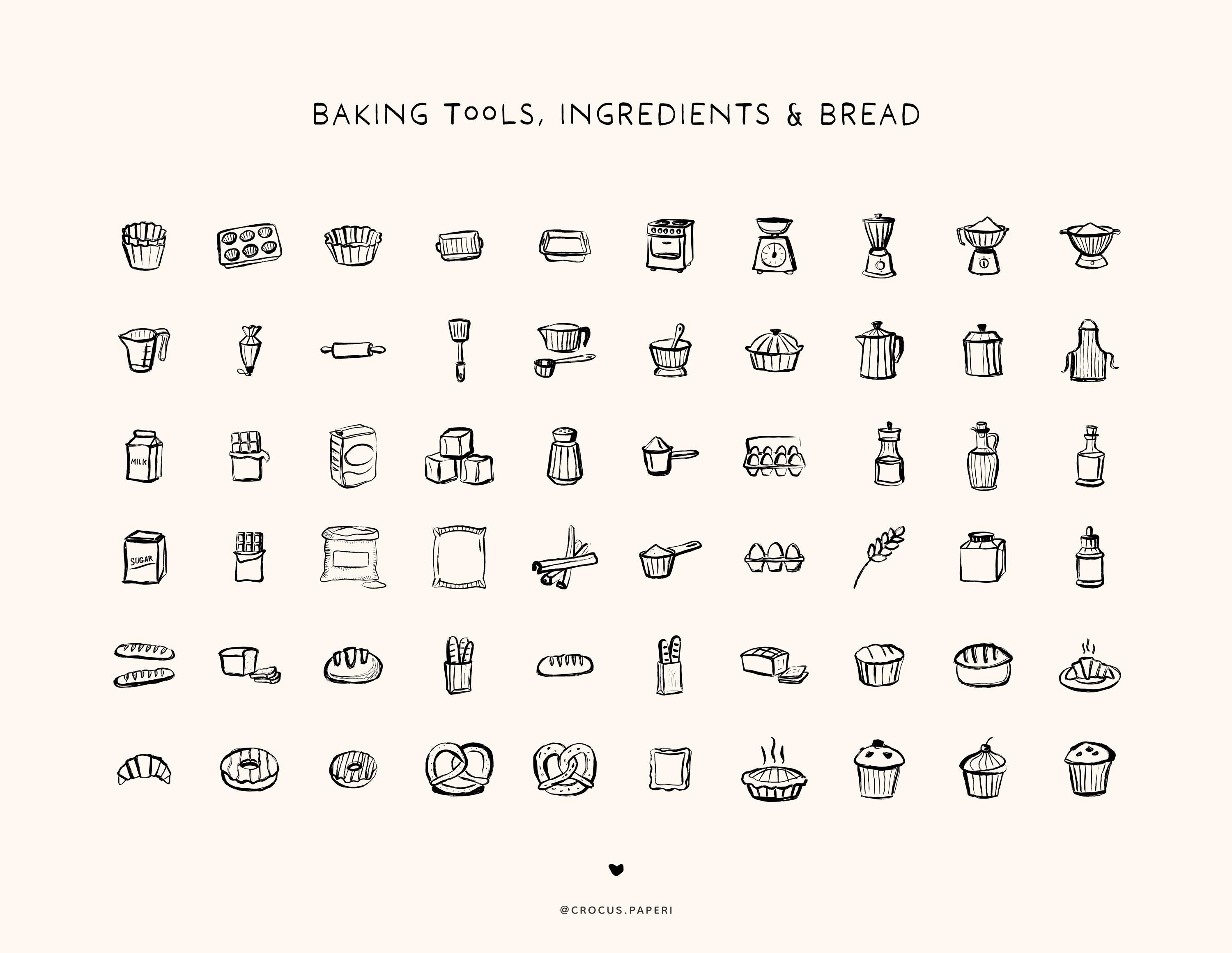 BAKERY | Hand-drawn Line Art Baking Illustrations, Cakes, Pastry, Bread ...