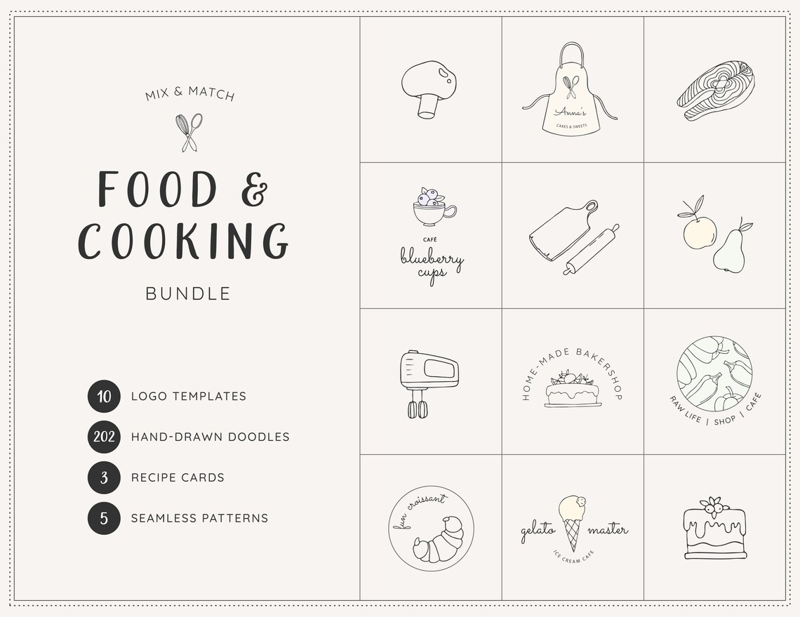 FOOD & COOKING Logos, Illustrations, Patterns Bundle Cafe Logo, Bakery ...