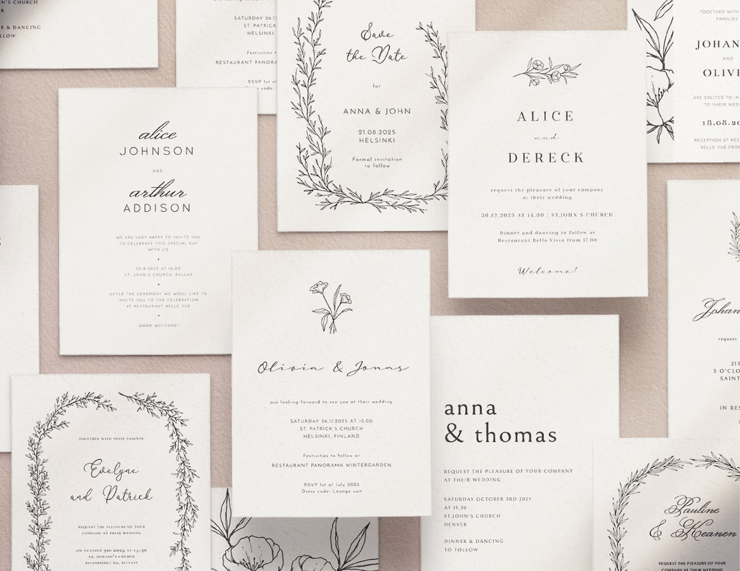 ROMANTIC WEDDING | 10 Invitations, Line Art Illustrations - Etsy