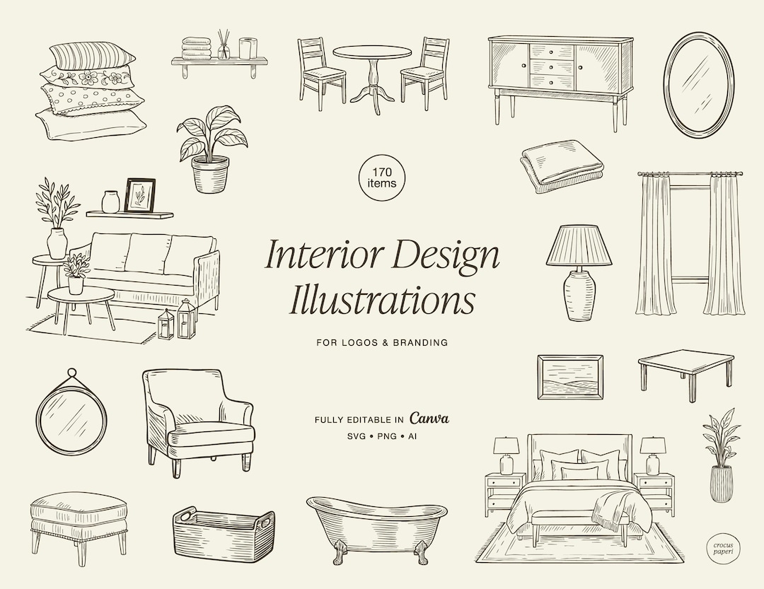 Interior Illustrations: Hand-drawn Furniture & Decor Clipart (PNG, SVG ...