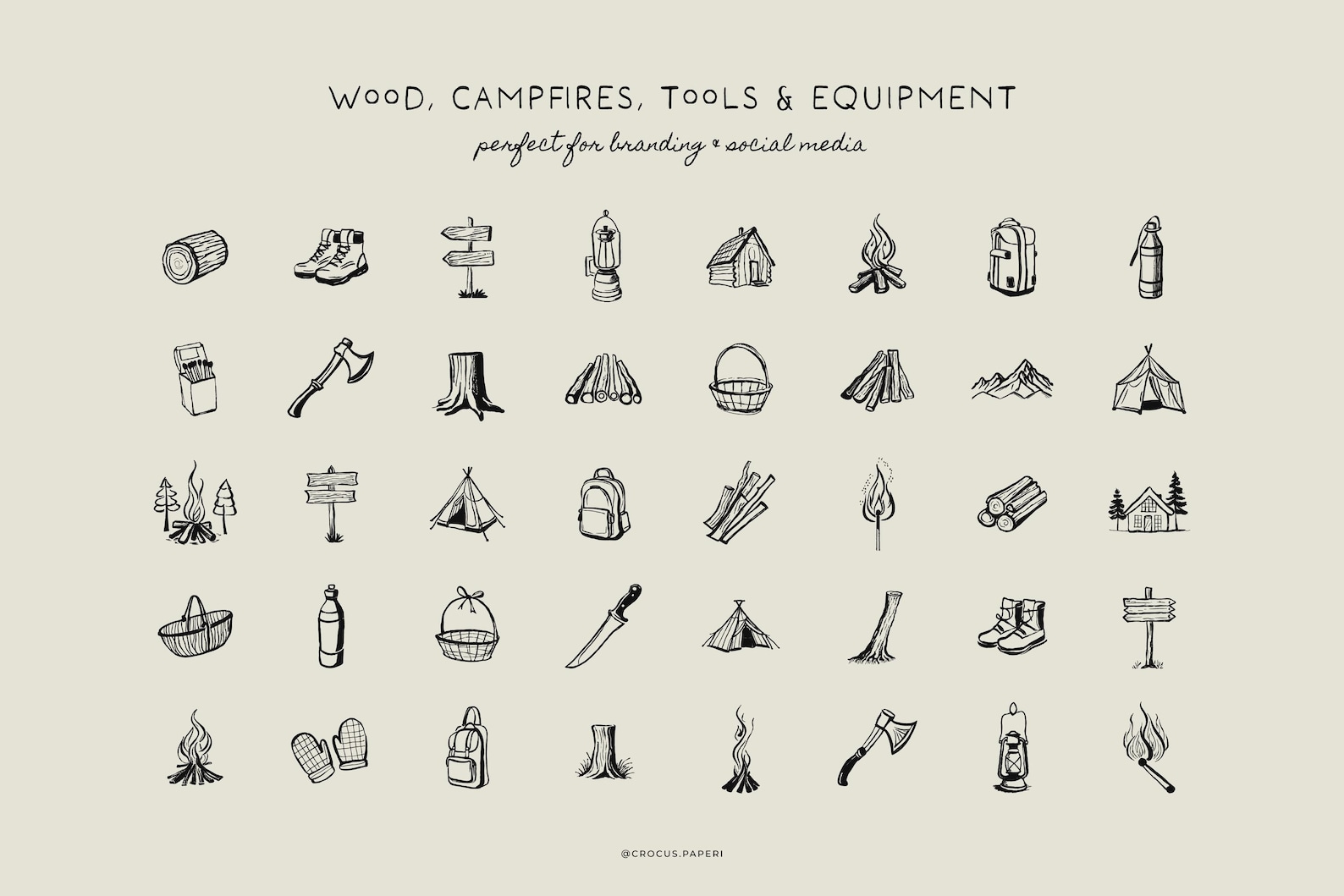 Forest & Camping Line Art Illustrations: Wildlife, Trees, Hiking (PNG ...