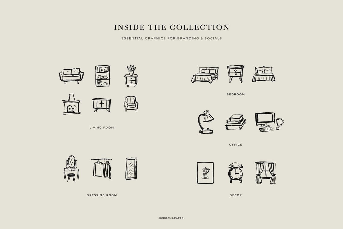 Hand-drawn Furniture Line Art: Interior Design Clipart (PNG, SVG) - Etsy
