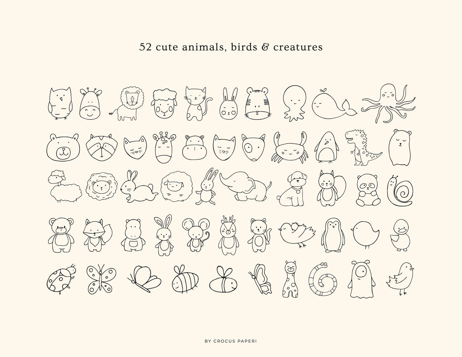 CUTE ANIMALS | Hand-drawn Line Art Cute Baby Animals Illustrations ...