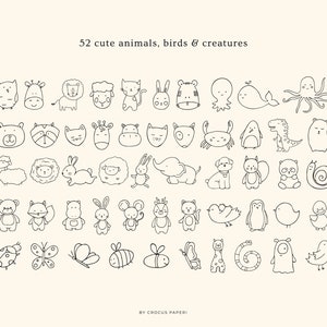 CUTE ANIMALS | Hand-drawn Line Art Cute Baby Animals Illustrations ...