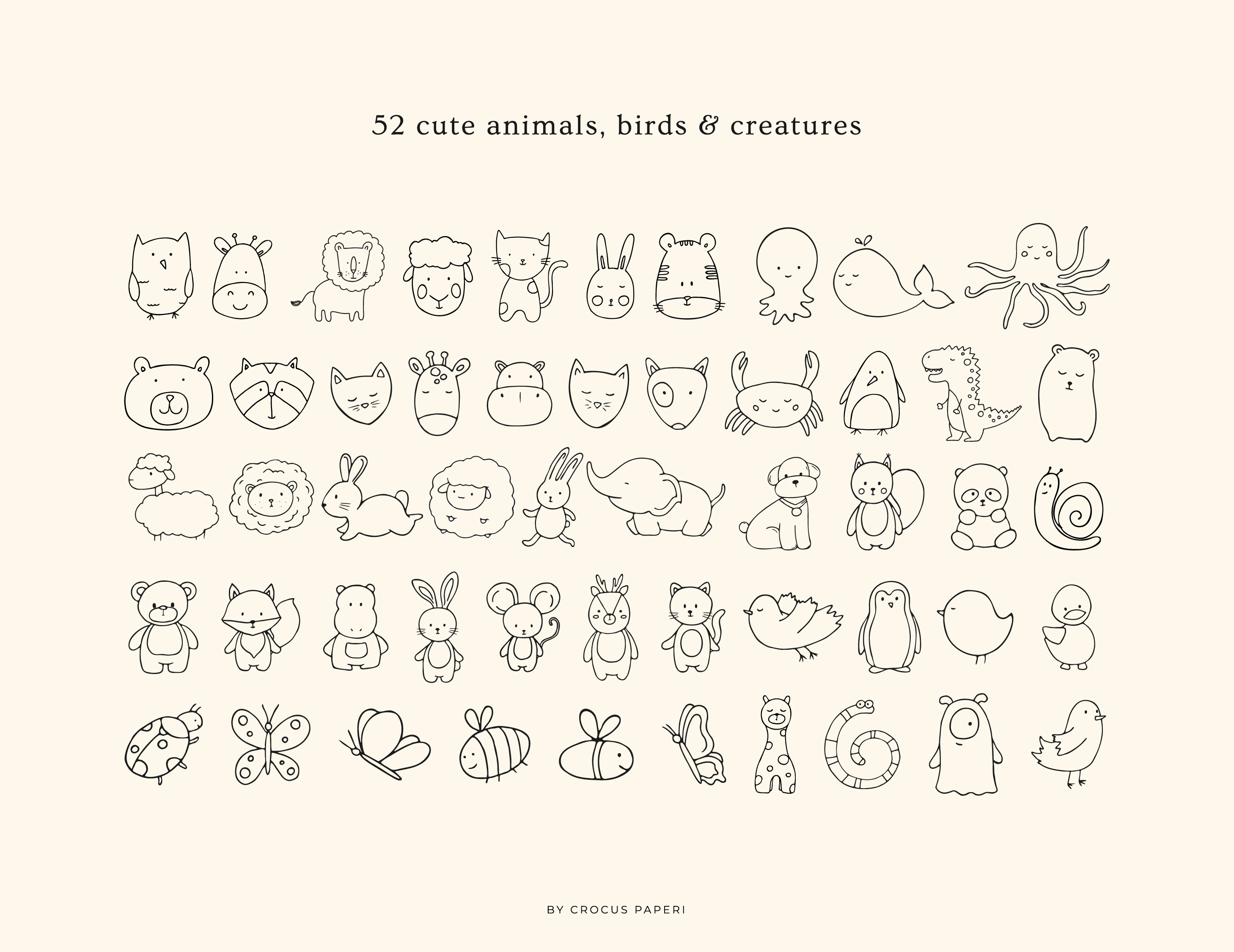 Cute Baby Animals Line Art | SVG PNG Clipart - Etsy