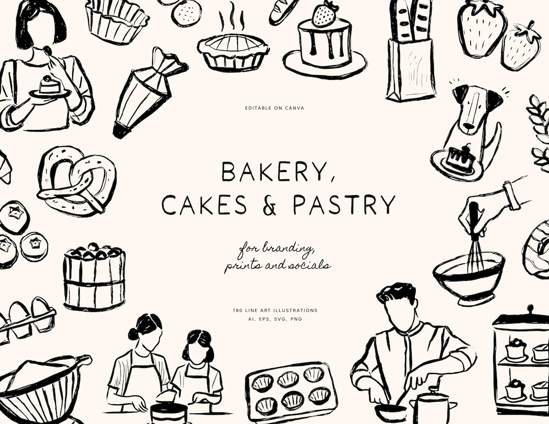 BAKERY | Hand-drawn Line Art Baking Illustrations, Cakes, Pastry, Bread ...
