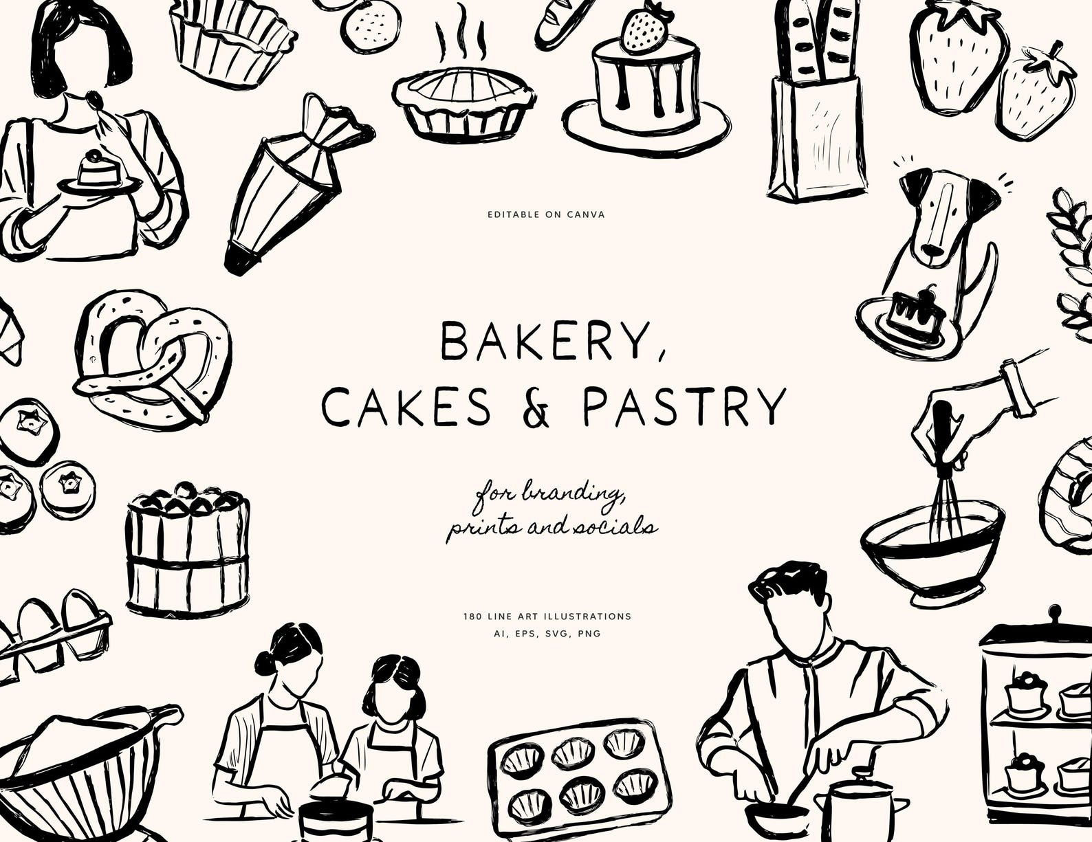 BAKERY | Hand-drawn Line Art Baking Illustrations, Cakes, Pastry, Bread ...