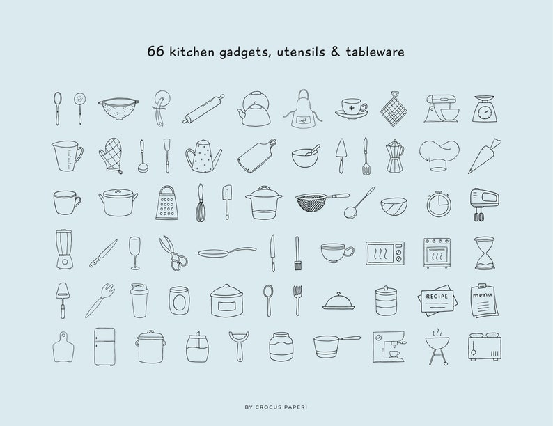 COOKING UTENSILS Hand-drawn Line Art Cute Cooking Utensils, Kitchen ...