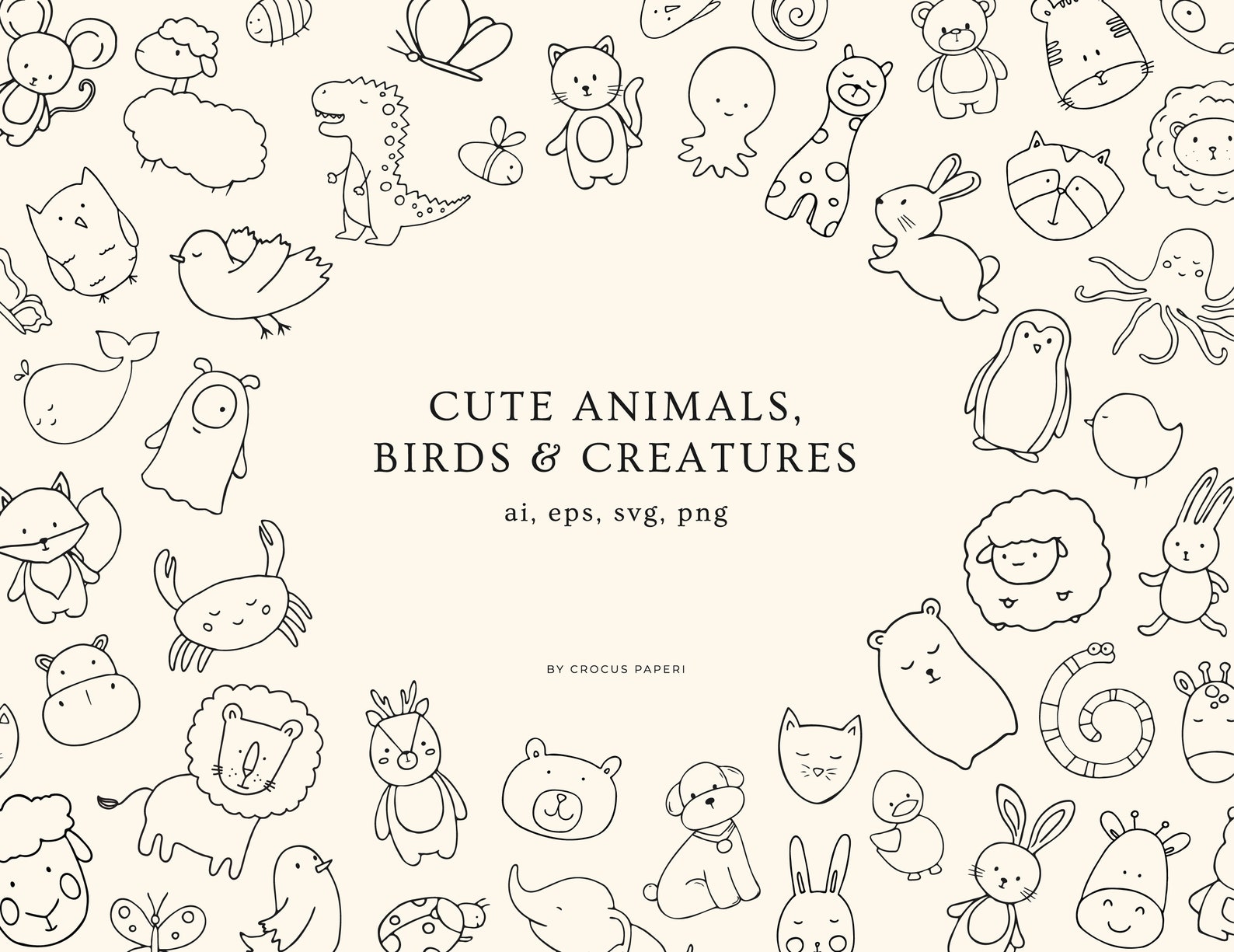 CUTE ANIMALS | Hand-drawn Line Art Cute Baby Animals Illustrations ...