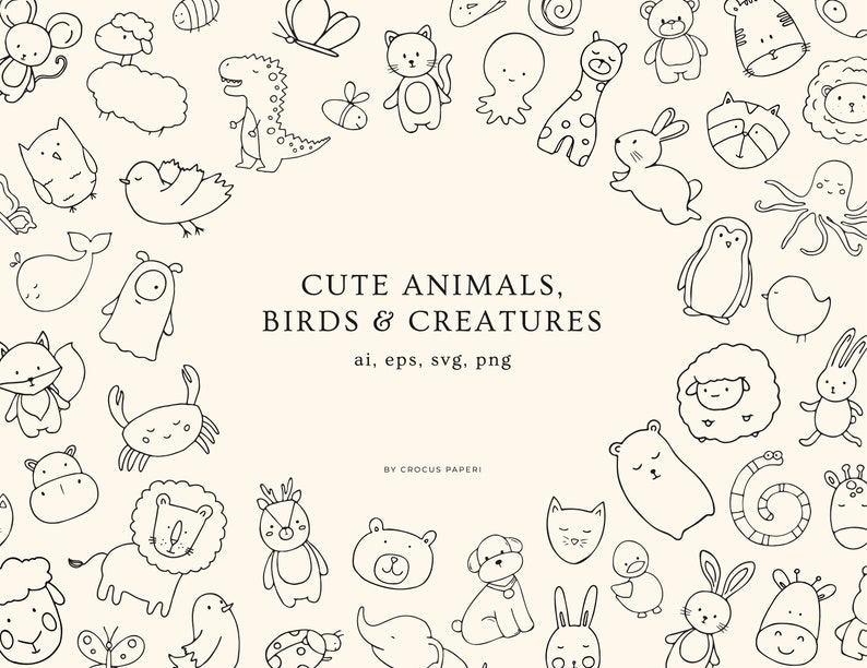 CUTE ANIMALS | Hand-drawn Line Art Cute Baby Animals Illustrations ...