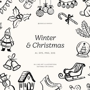 CHRISTMAS & WINTER | Hand-drawn Line Art Festive Illustrations, Cozy ...