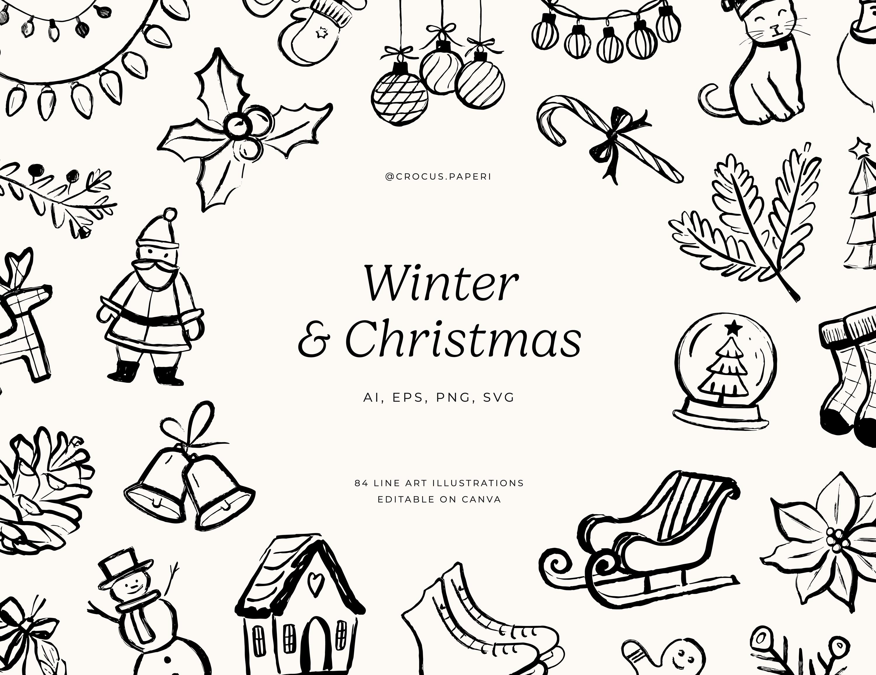 CHRISTMAS & WINTER | Hand-drawn Line Art Festive Illustrations, Cozy ...