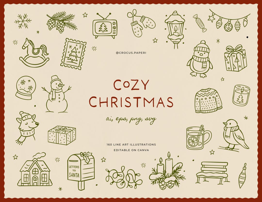 Christmas Line Art Illustrations: Festive Winter Clipart (PNG, SVG) - Etsy