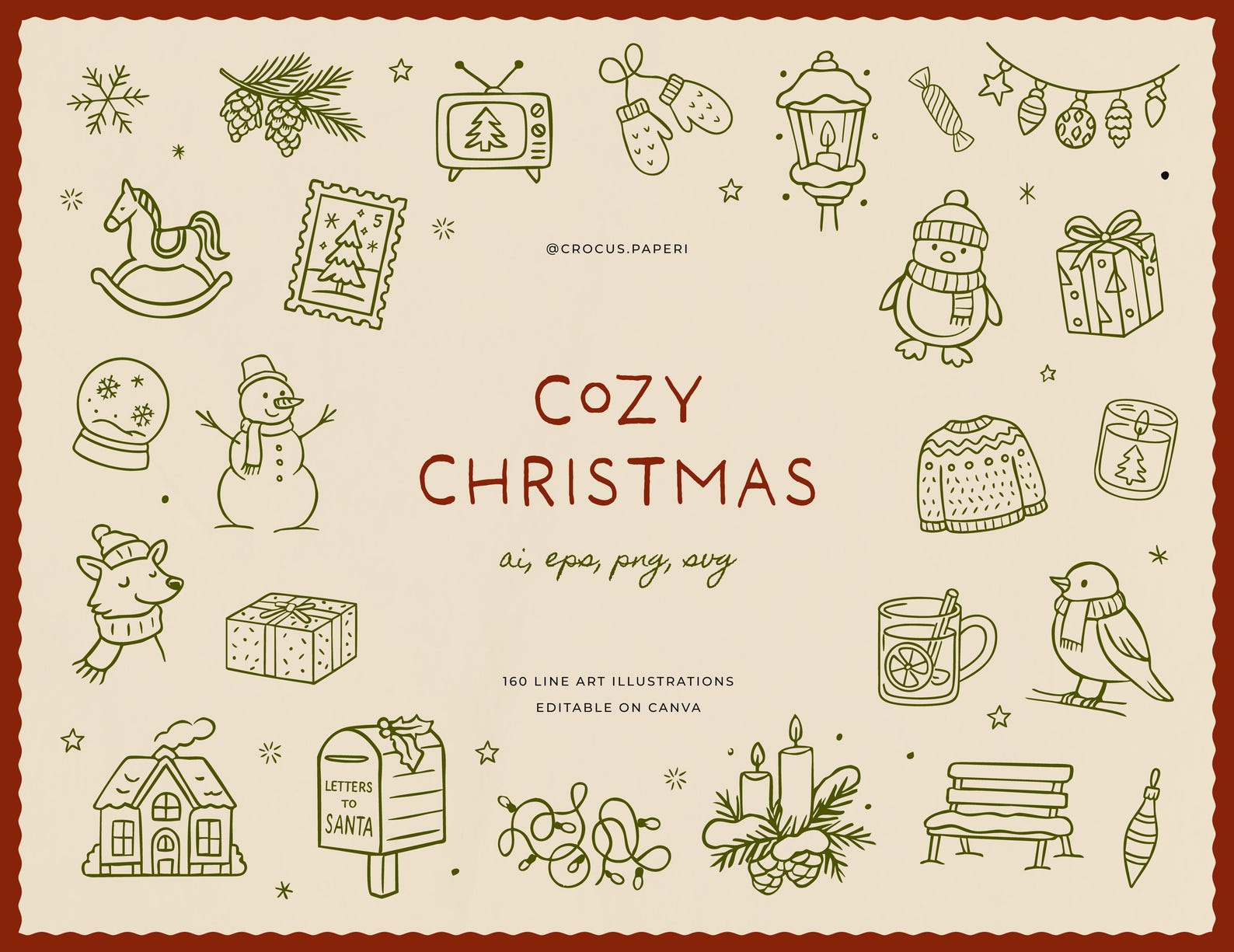 Christmas Line Art Illustrations: Festive Winter Clipart (PNG, SVG) - Etsy