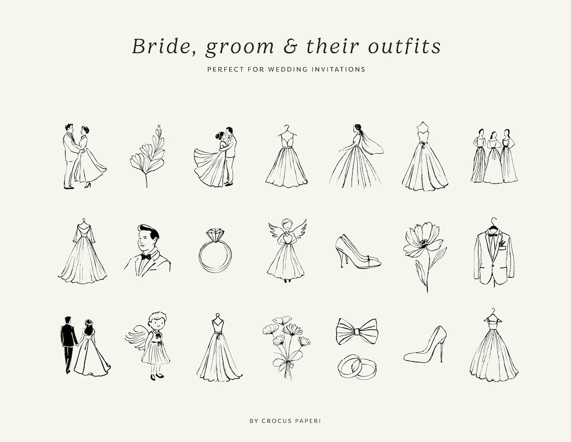 WEDDING COLLECTION Hand-drawn Line Art Wedding Illustrations, Newlyweds ...