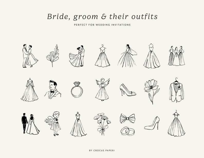 WEDDING COLLECTION Hand-drawn Line Art Wedding Illustrations, Newlyweds ...