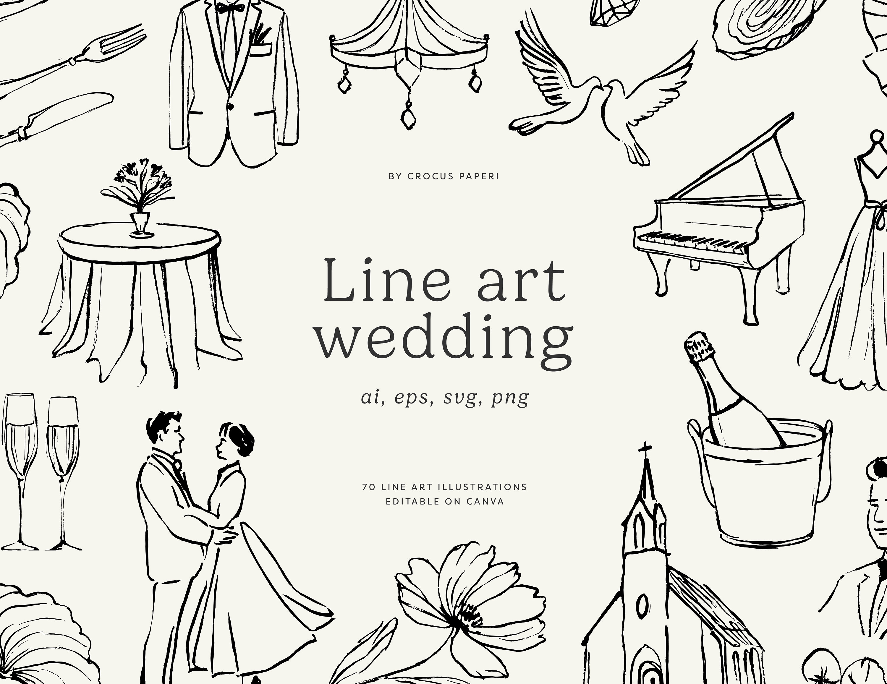 WEDDING COLLECTION Hand-drawn Line Art Wedding Illustrations, Newlyweds ...