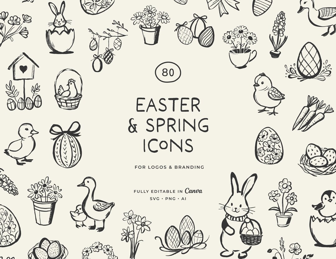Easter Line Art Illustrations: Spring Doodles Clipart (PNG, SVG) - Etsy