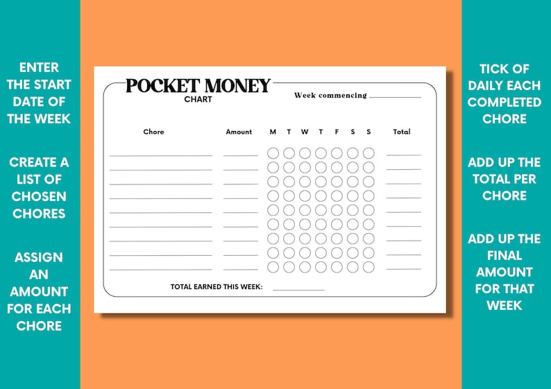 Kids Pocket Money Chart Chore Allowance Tracker Printable - Etsy