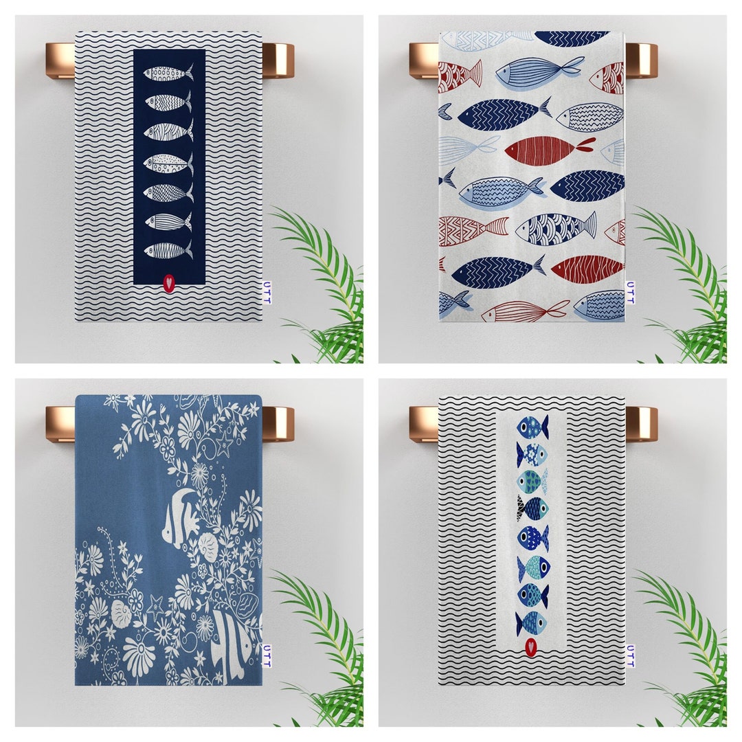 School of Fish Tea Towel|coastal Dishcloth|nautical Themed Hand Towel ...