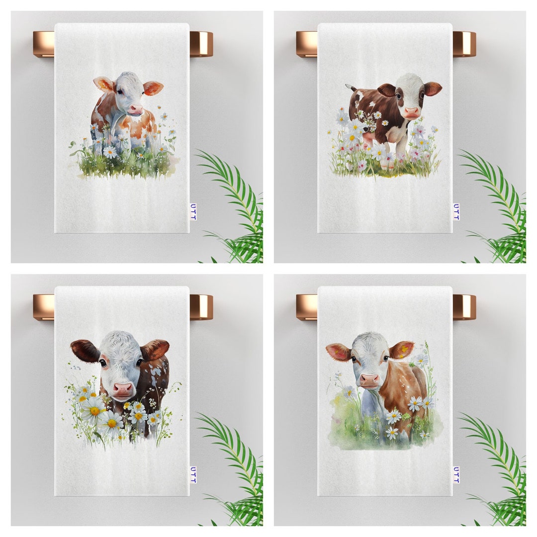 Cute Calf Designed Tea Towel|calves in Daisy Garden Hand Towelbrown Cow ...